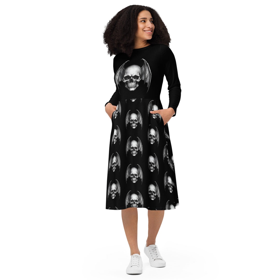 Winged Skulls Pattern Gothic All-over Print Long Sleeve Midi Dress - Etsy