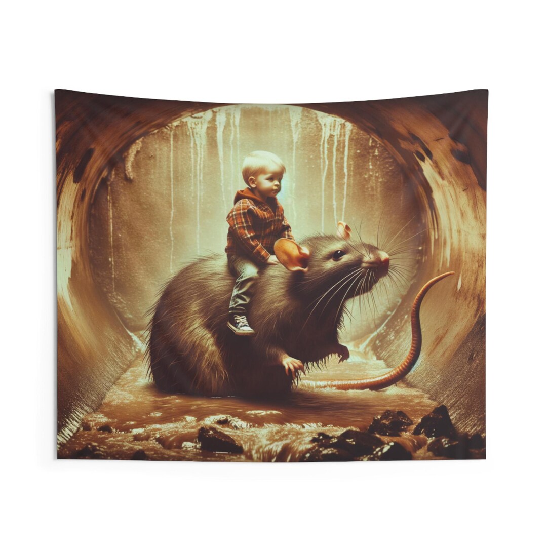 Little Boy Riding on a Giant Rat Tapestry, Unique Home Decor, Kids Room ...