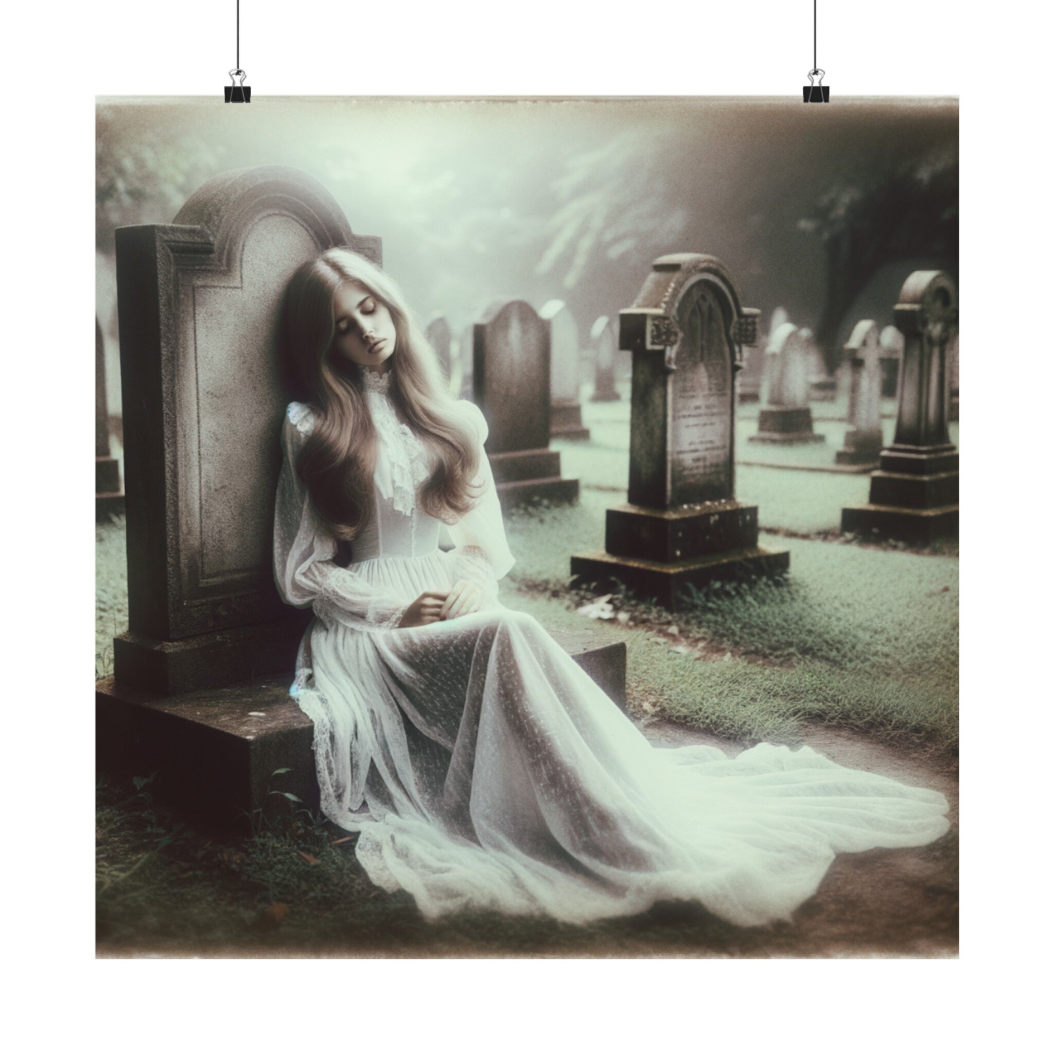 Ghost Girl in White Resting by Her Grave Retro Photo Style Gothic Matte ...