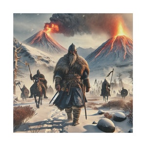 Vikings in Iceland During an Volcano Eruption Matte Canvas, Stretched ...