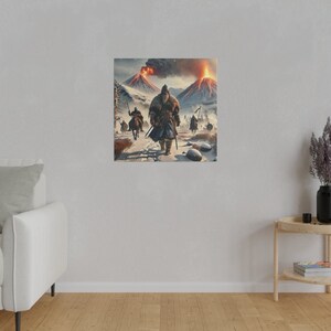 Vikings in Iceland During an Volcano Eruption Matte Canvas, Stretched ...