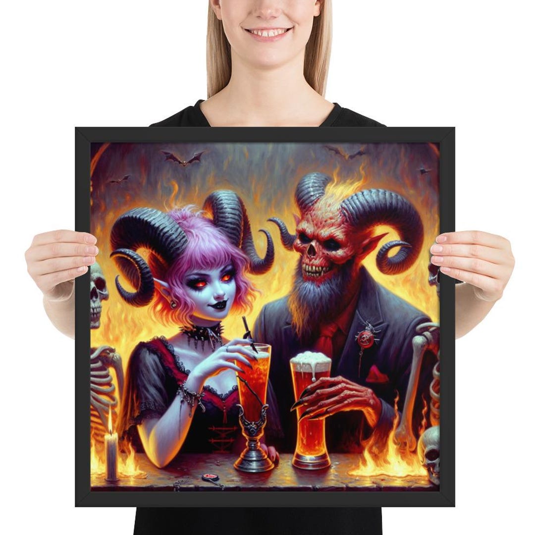 Goth Demon Girl Having A Beer With the Devil | Hell Themed Decor | Goth ...