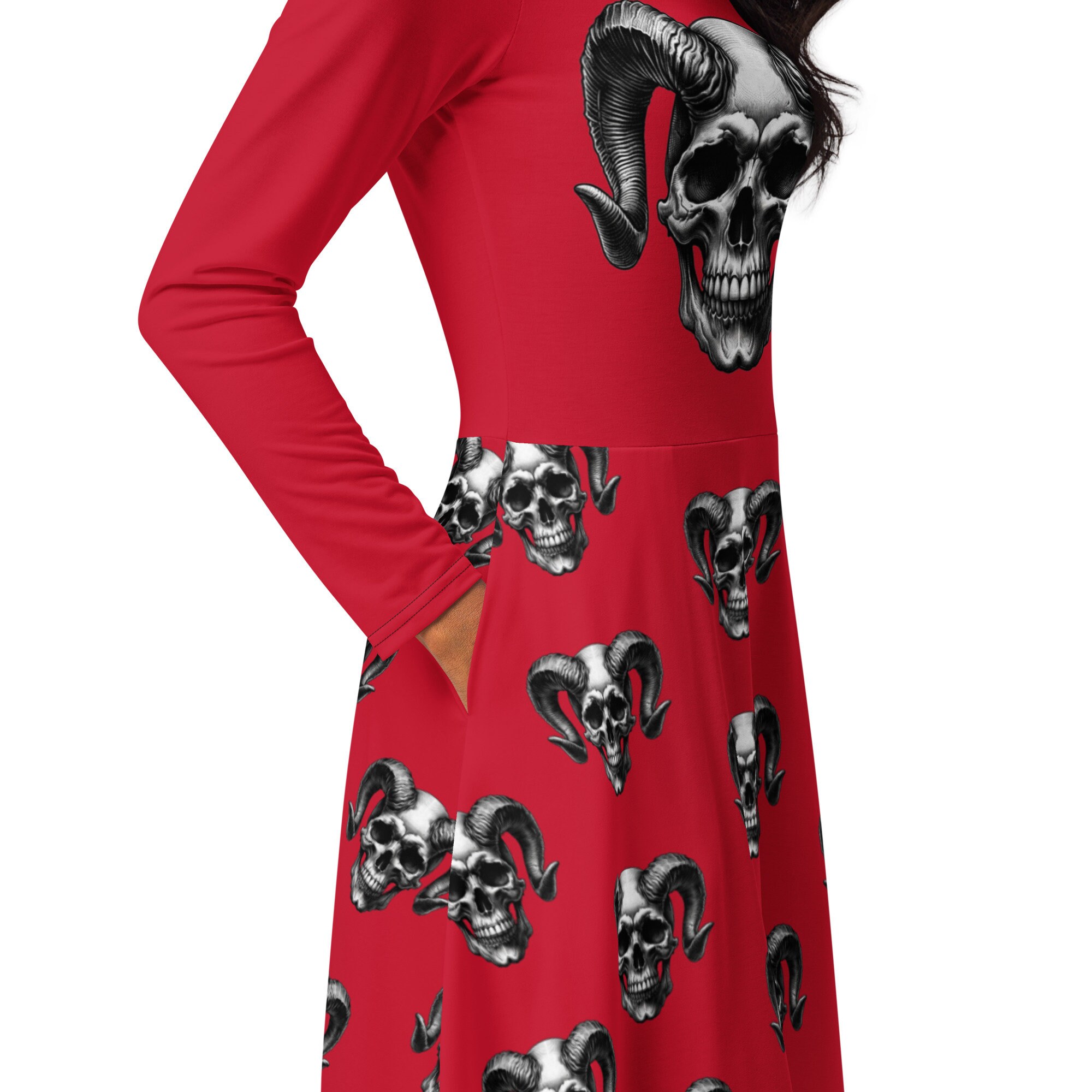 Ram Horned Skull Pattern Satanic Goth Red Long Sleeve Midi Dress - Etsy