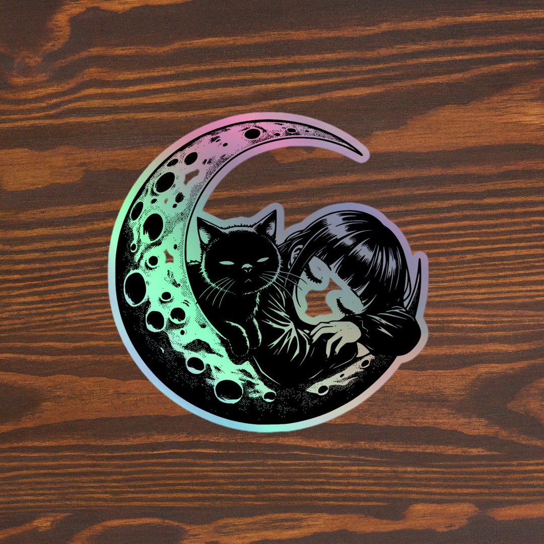 Goth Girl and Her Cat Sleeping on the Moon | Goth Holographic Stickers ...