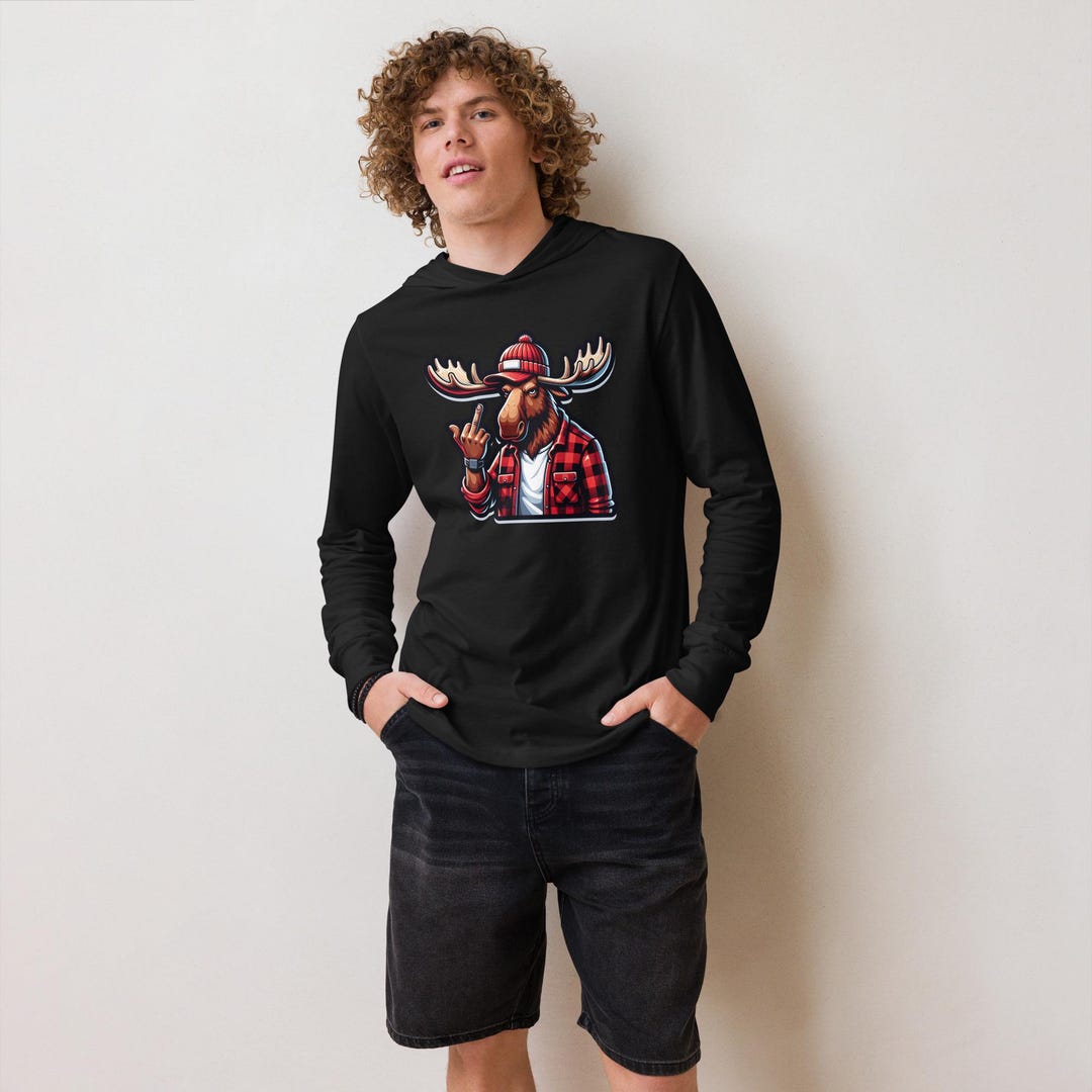 Moose Giving the Middle Finger | Funny Middle Finger Hooded Long-sleeve ...