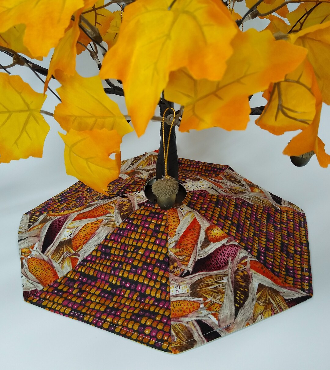 13" Octagon Tabletop Fall Mini Tree Skirt. Decorative Corn Print Fabric ...