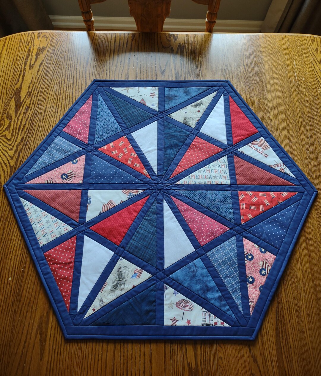 Quilted Patriotic Table Topper. Measures 27" X 31". Six-sided Holiday ...