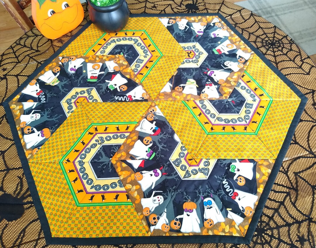 Hexagon Quilted Table Topper. Triangle Frenzy Hexagon Pattern Halloween ...