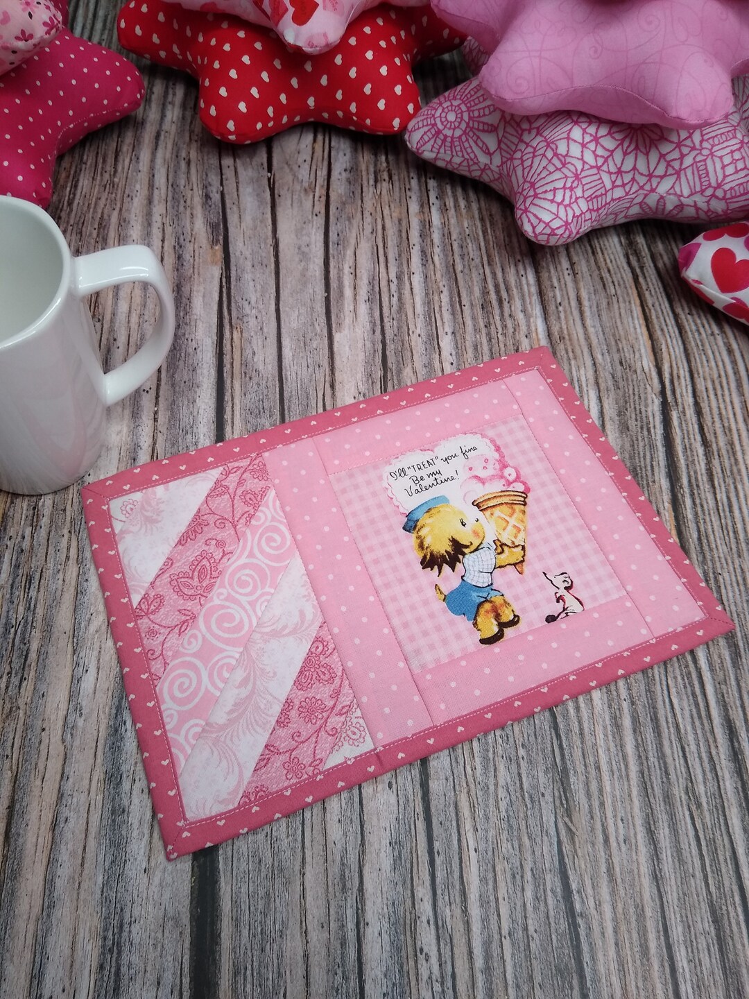 Mug Rug. Quilted Valentine's Day 6.5" X 9.5" Cup or Snack Rug. Holiday ...