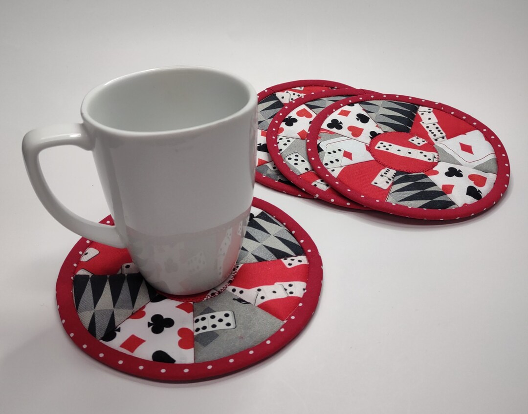 6" Quilted Round Coasters. Set of 4. Game Night Accessories. Drink or ...