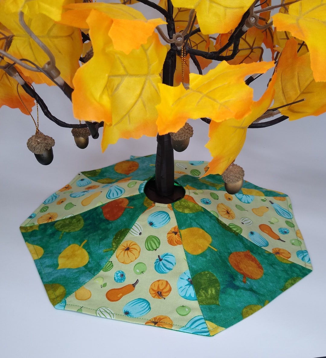 13" Fall Tabletop Mini Tree Skirt. Octagon Shaped Autumn Teal and Green ...