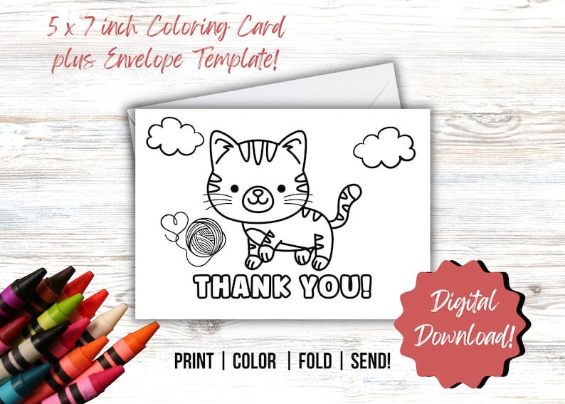 PRINTABLE Thank You Coloring Card, Kid's Thank You Note, Cat Greeting ...