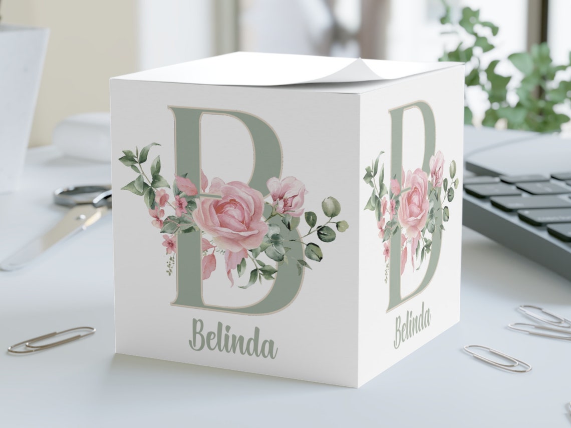 Pink Rose Monogram Note Cube, Personalized Note Cube, Custom Gift for ...