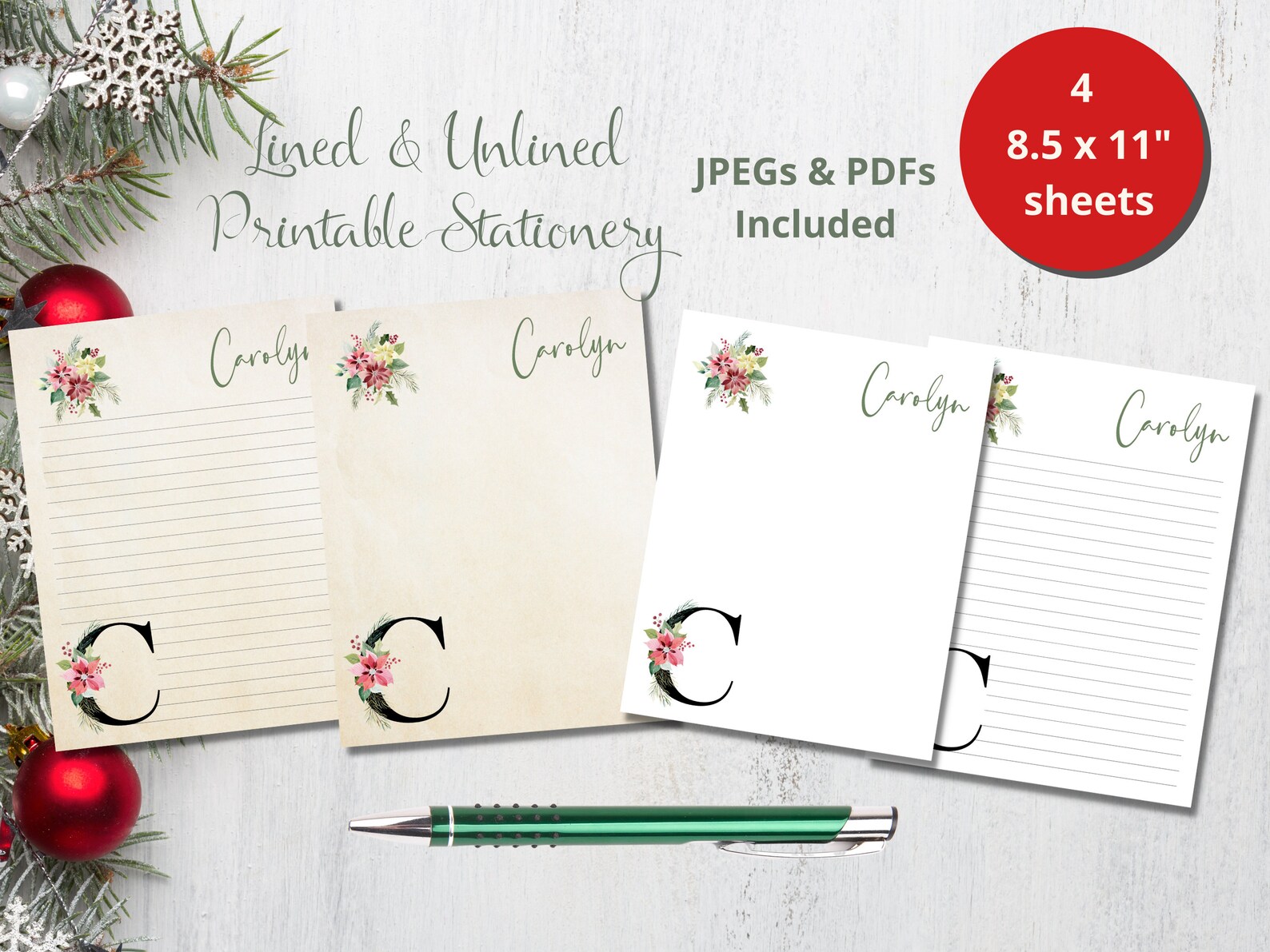 Personalized Printable Holiday Stationery, Poinsettia Note Paper ...