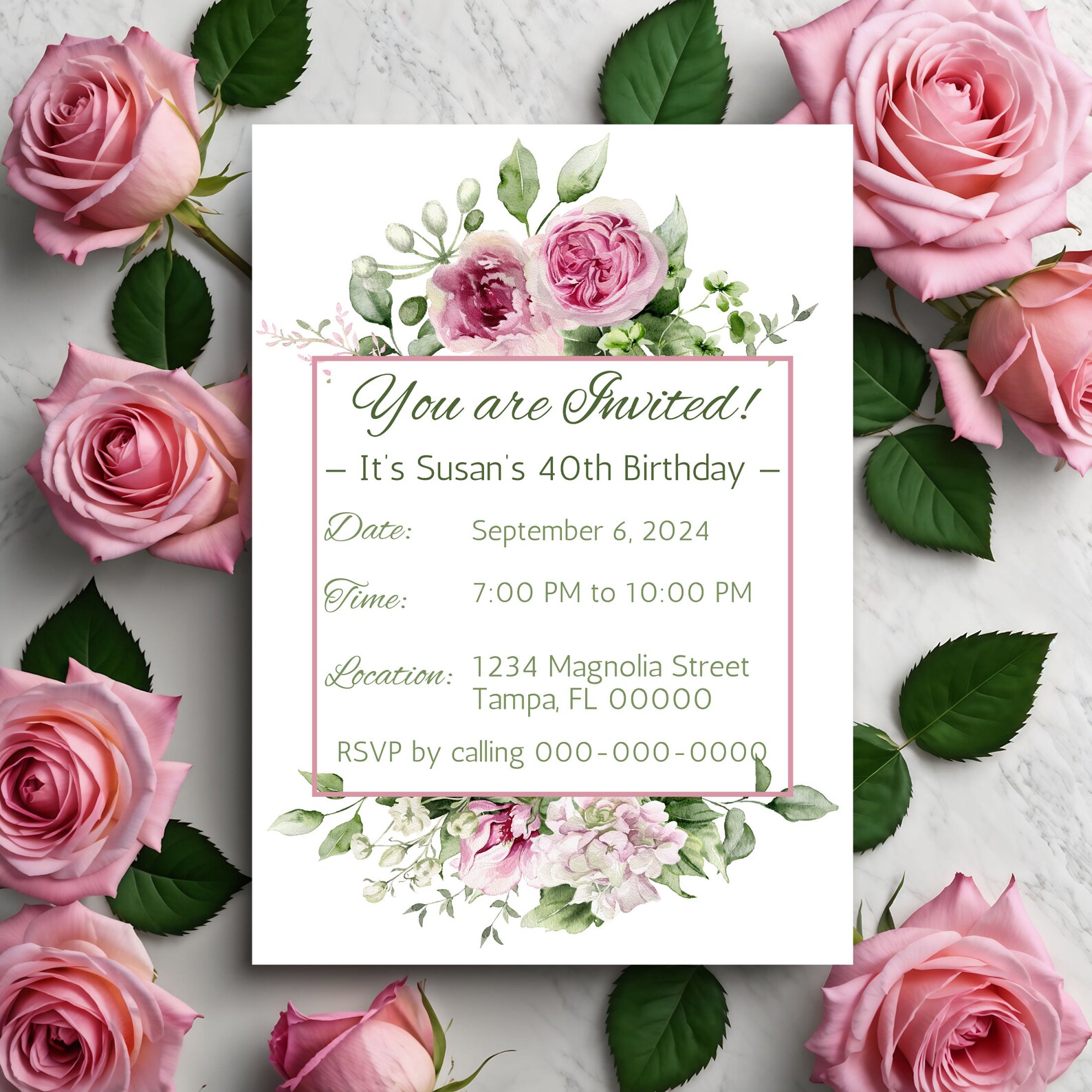 Pink Roses Birthday Invitation, 5 by 7 Invite, Editable Digital Invite ...
