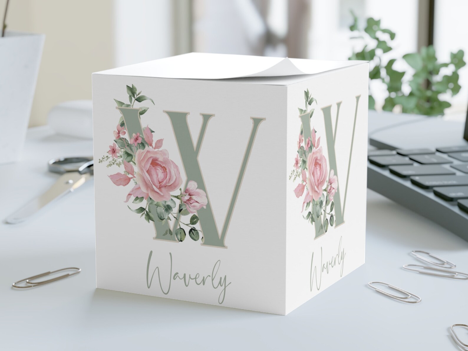 Pink Rose Monogram Note Cube, Personalized Note Cube, Custom Gift for ...