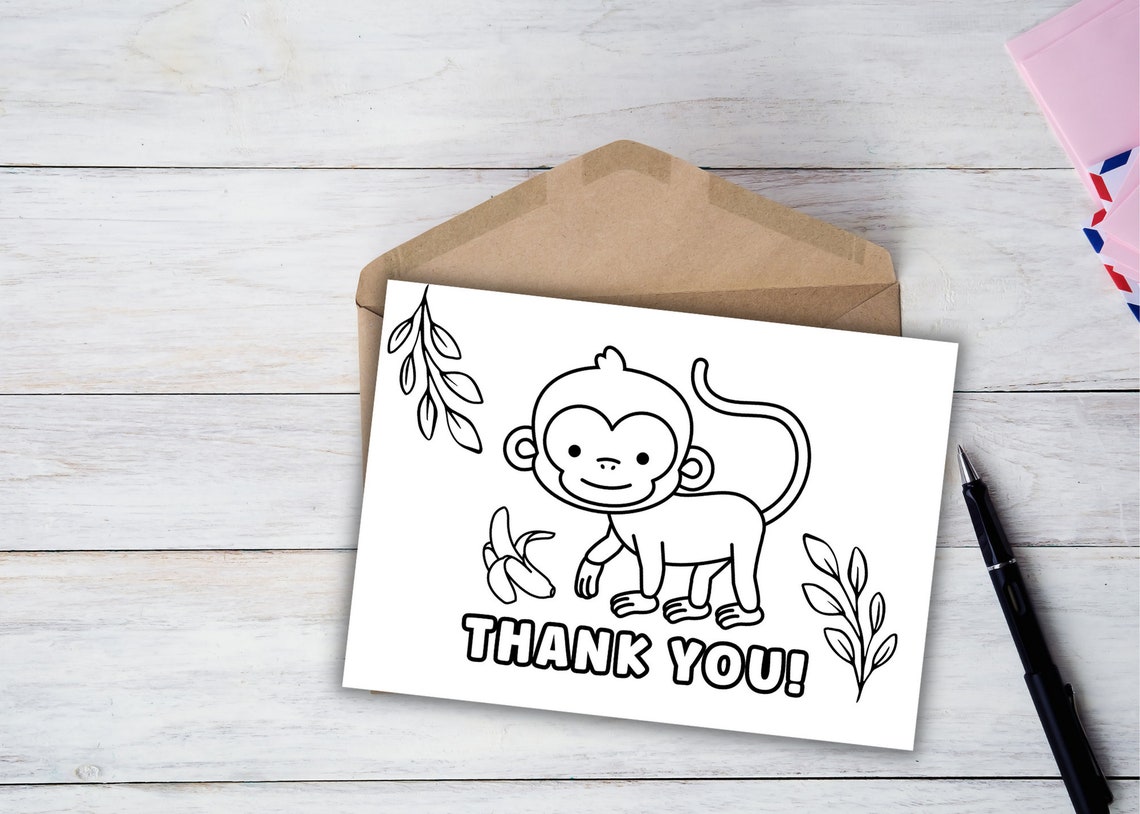 PRINTABLE Thank You Coloring Card, Kid's Thank You Note, Monkey ...