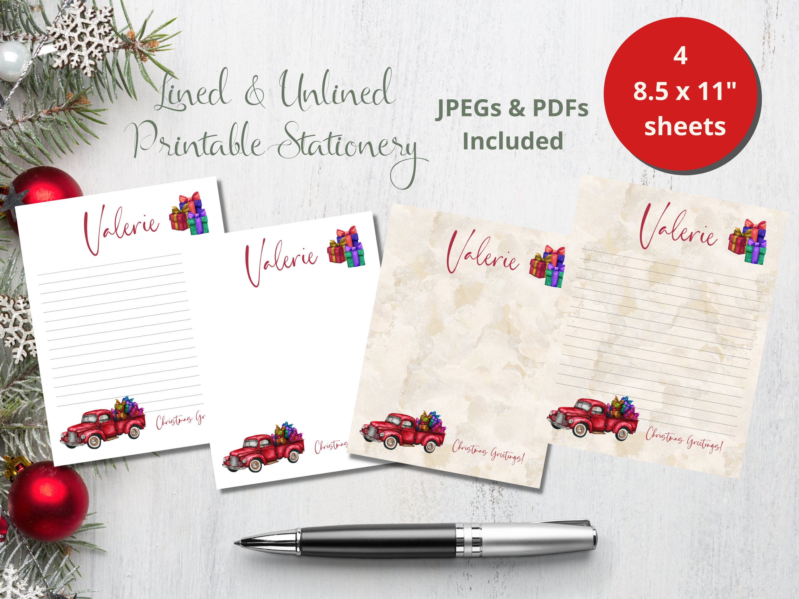 Red Truck Printable Stationery, Printable Note Paper, Christmas ...