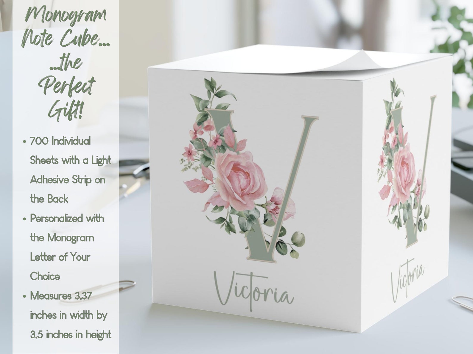 Pink Rose Monogram Note Cube, Personalized Note Cube, Custom Gift for ...