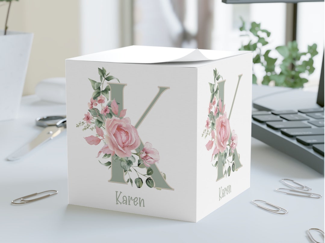 Pink Rose Monogram Note Cube, Personalized Note Cube, Custom Gift for ...