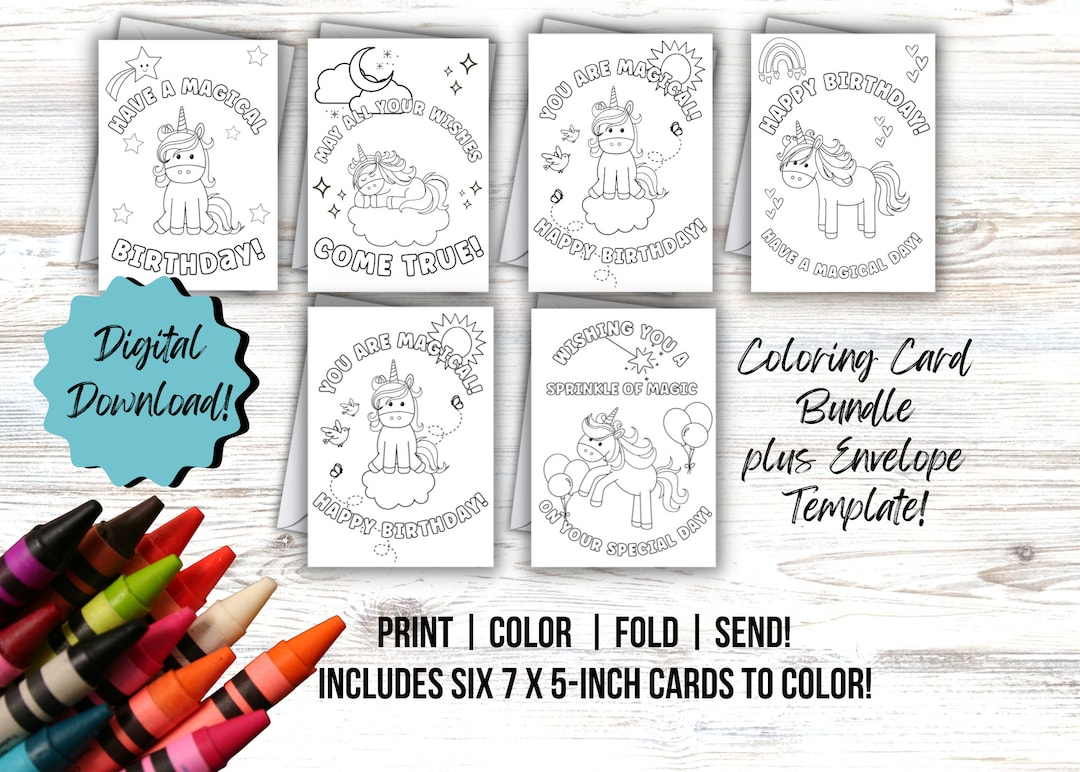 PRINTABLE Birthday Coloring Card Set, Kid's Birthday Cards, Unicorn ...