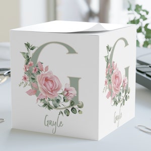 Pink Rose Monogram Note Cube, Personalized Note Cube, Custom Gift for ...