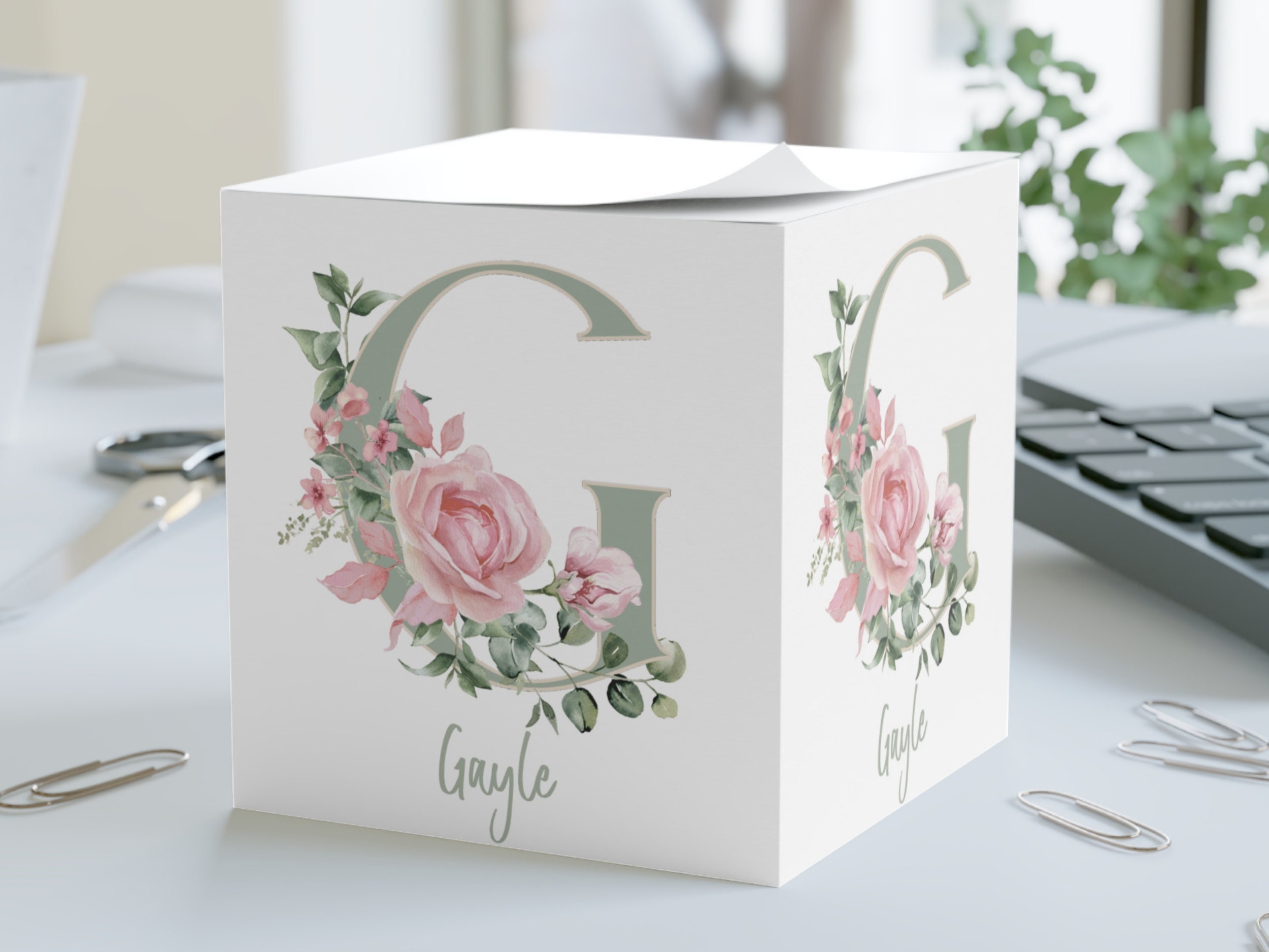 Pink Rose Monogram Note Cube, Personalized Note Cube, Custom Gift for ...