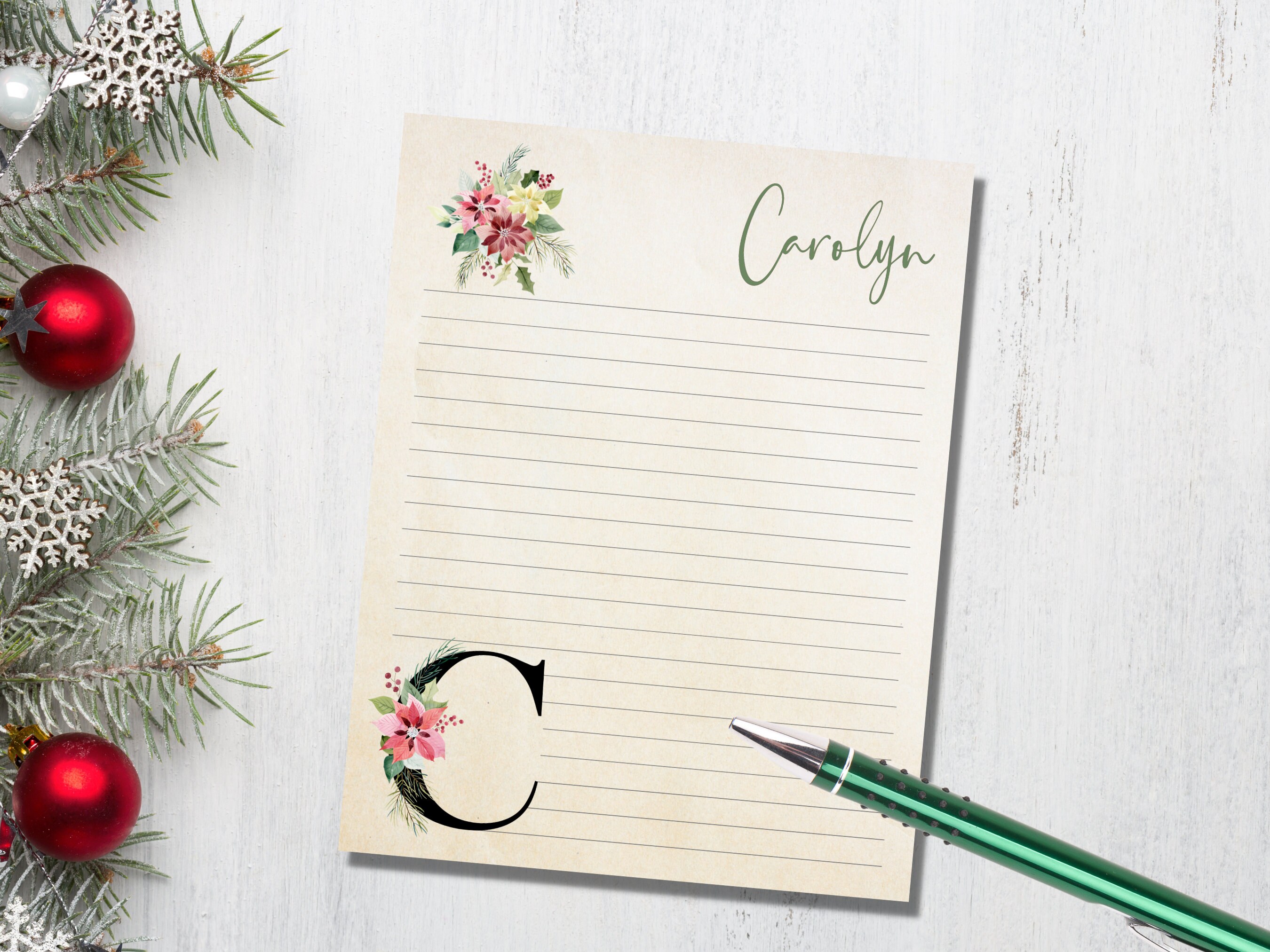 Personalized Printable Holiday Stationery, Poinsettia Note Paper ...
