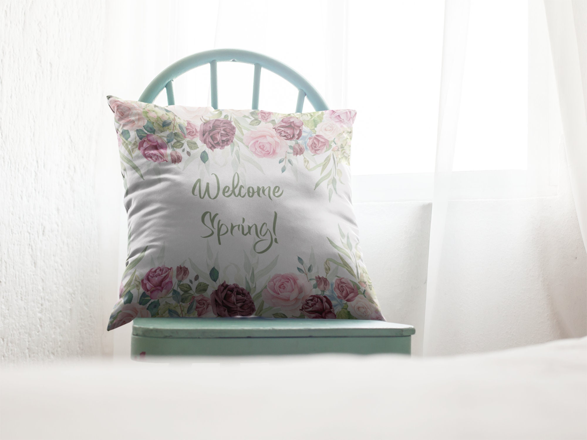 Spring Pillow, Welcome Spring Pillow & Insert, Floral Pillow, Square ...