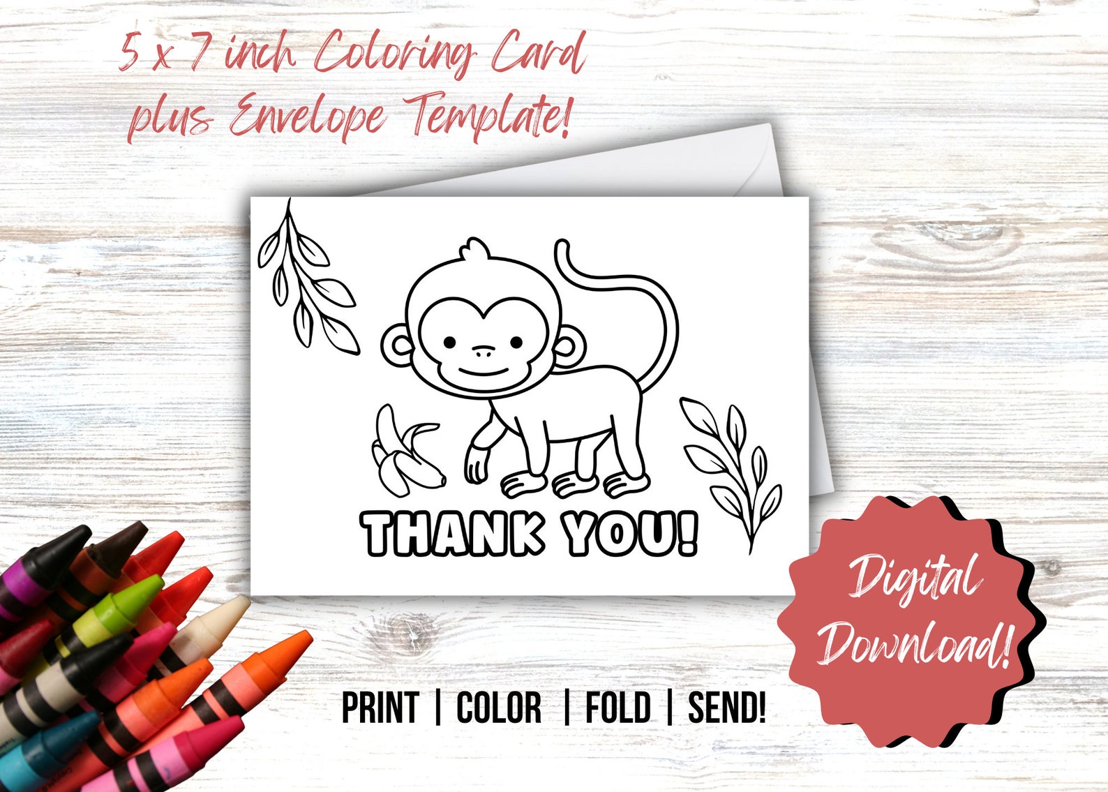 PRINTABLE Thank You Coloring Card, Kid's Thank You Note, Monkey ...