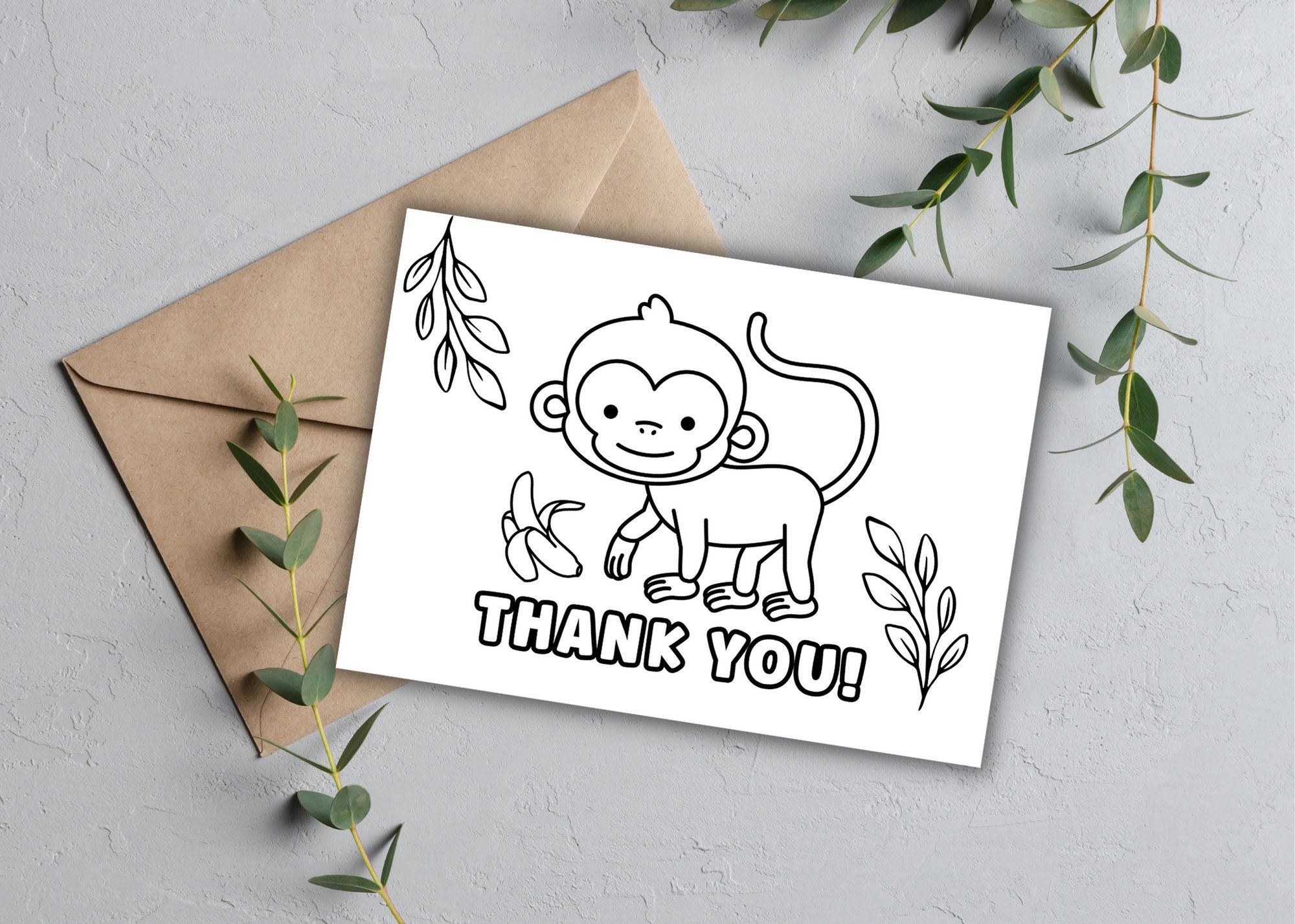 PRINTABLE Thank You Coloring Card, Kid's Thank You Note, Monkey ...