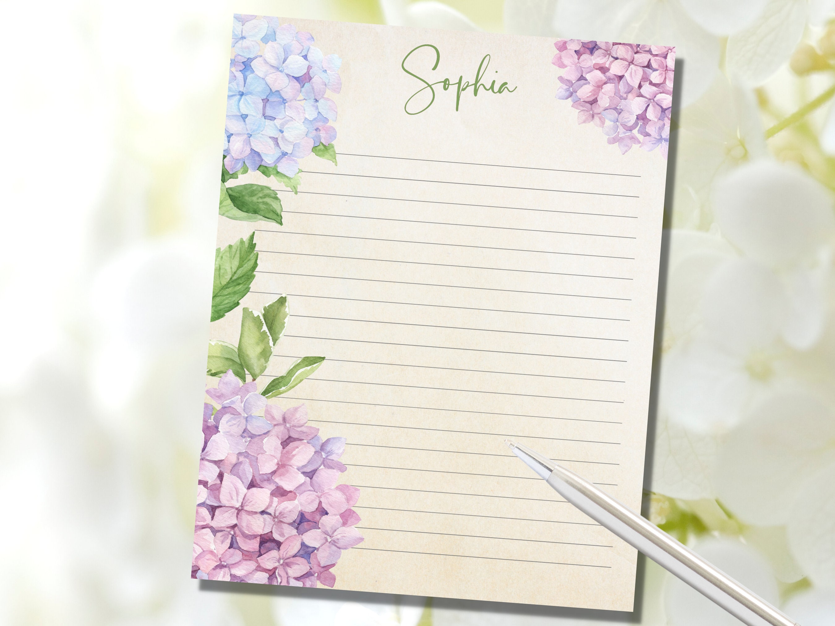 Personalized Printable Stationery, Printable Note Paper, Hydrangea ...