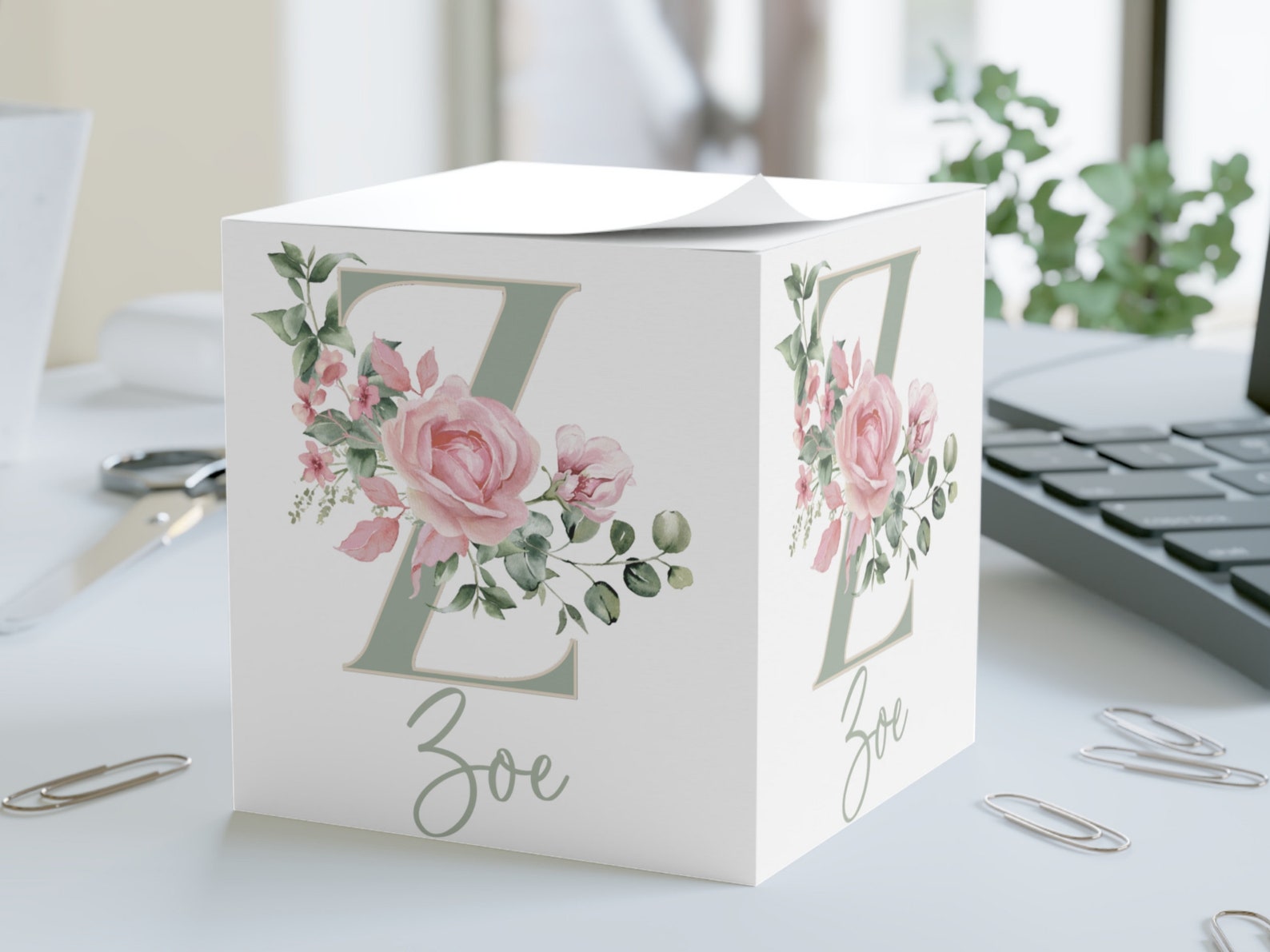 Pink Rose Monogram Note Cube, Personalized Note Cube, Custom Gift for ...