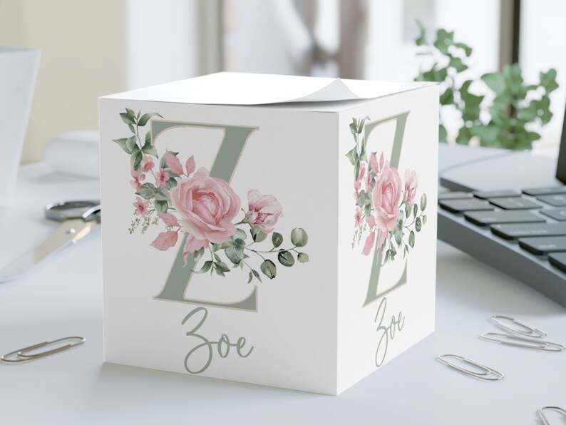 Pink Rose Monogram Note Cube, Personalized Note Cube, Custom Gift for ...