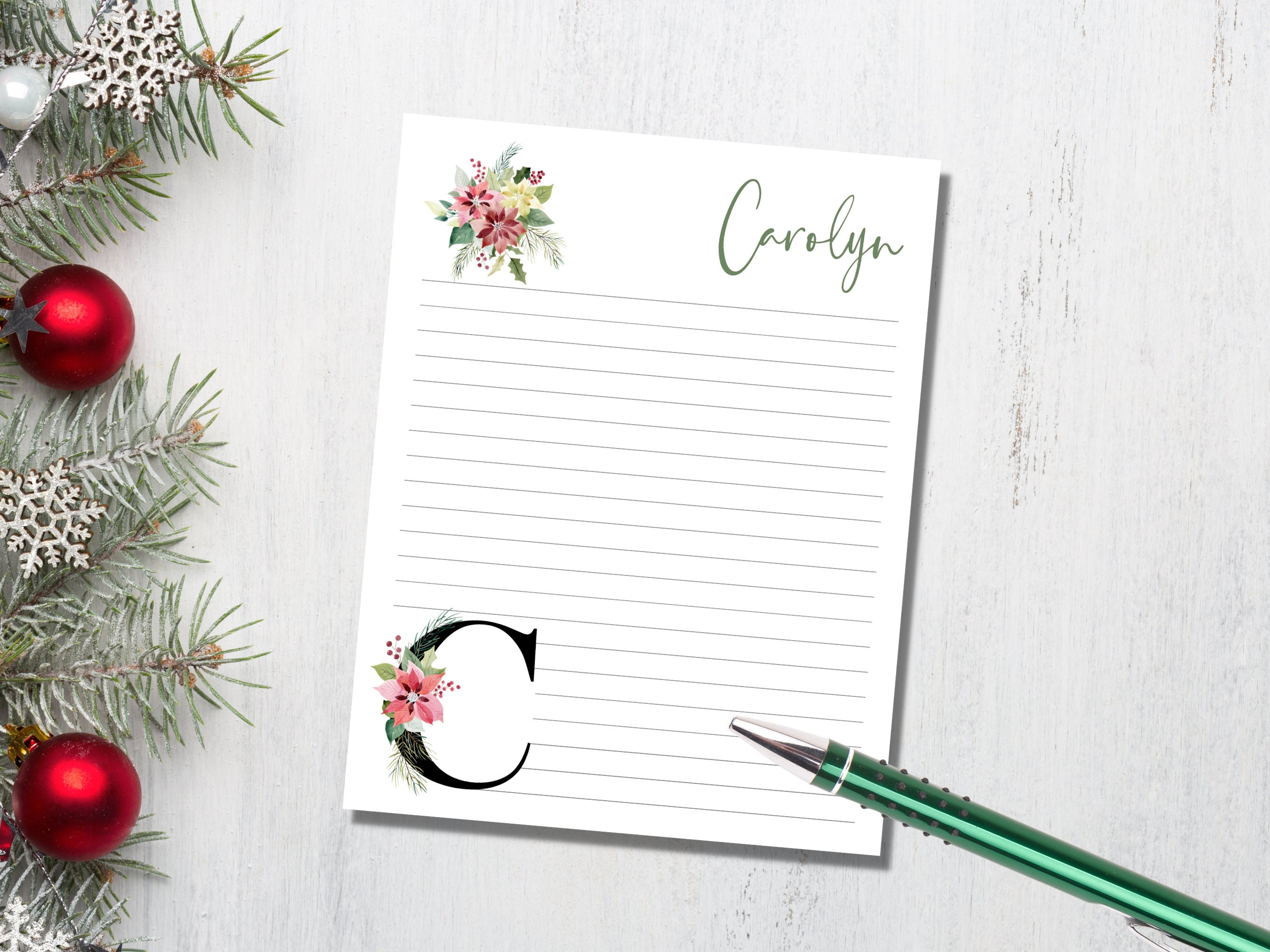 Personalized Printable Holiday Stationery, Poinsettia Note Paper ...