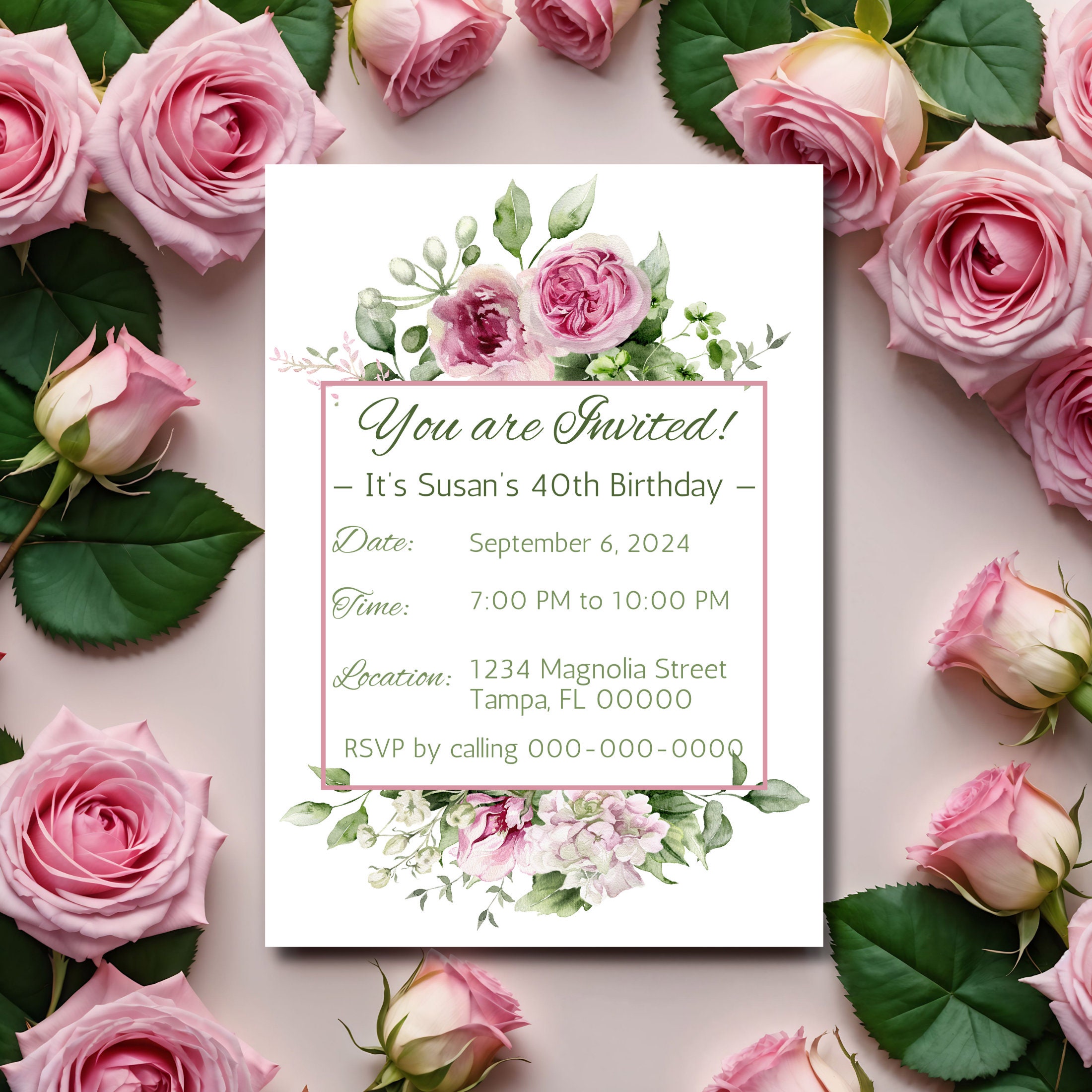 Pink Roses Birthday Invitation, 5 by 7 Invite, Editable Digital Invite ...