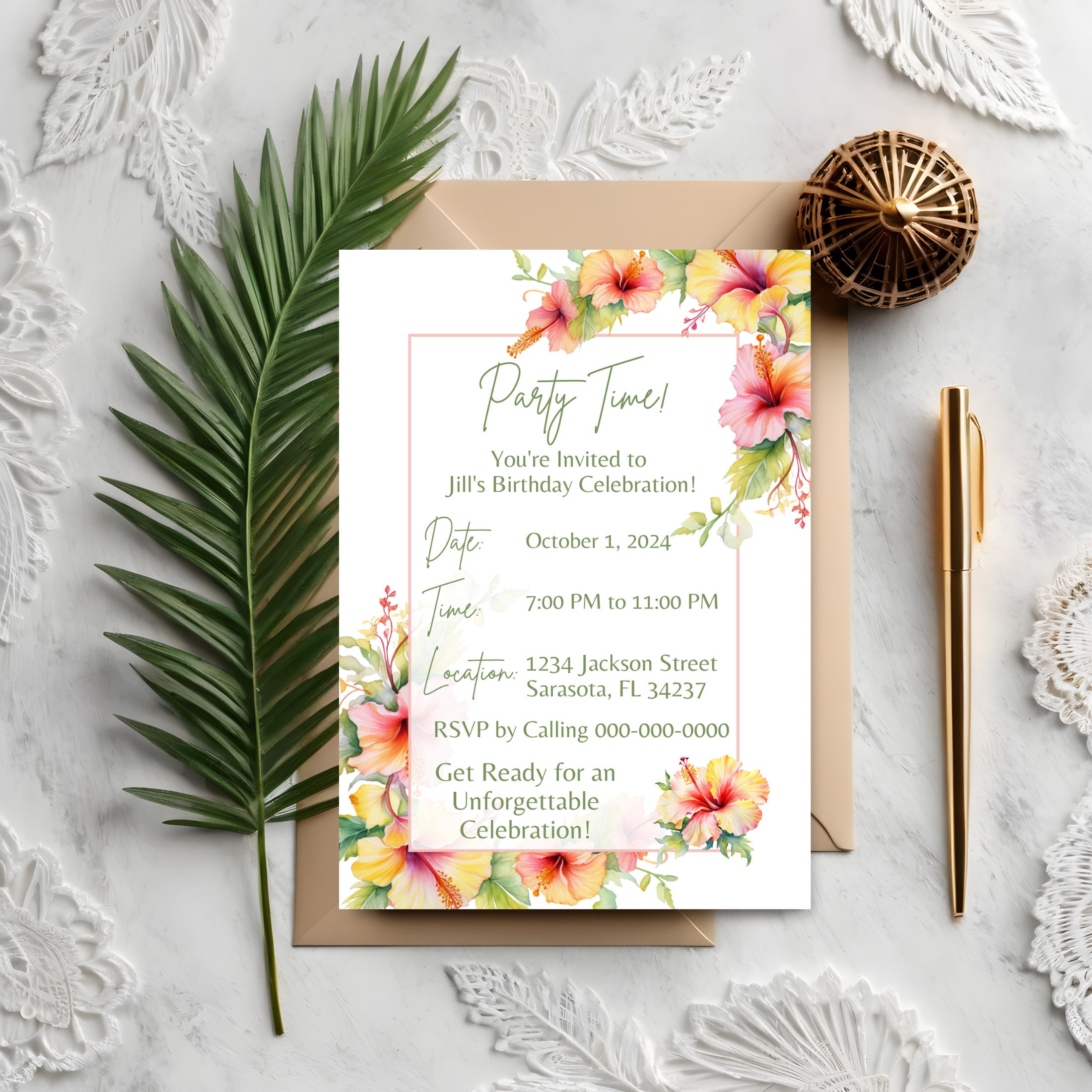 Tropical Flower Birthday Invitation, Hibiscus 5 by 7 Invite, Editable ...