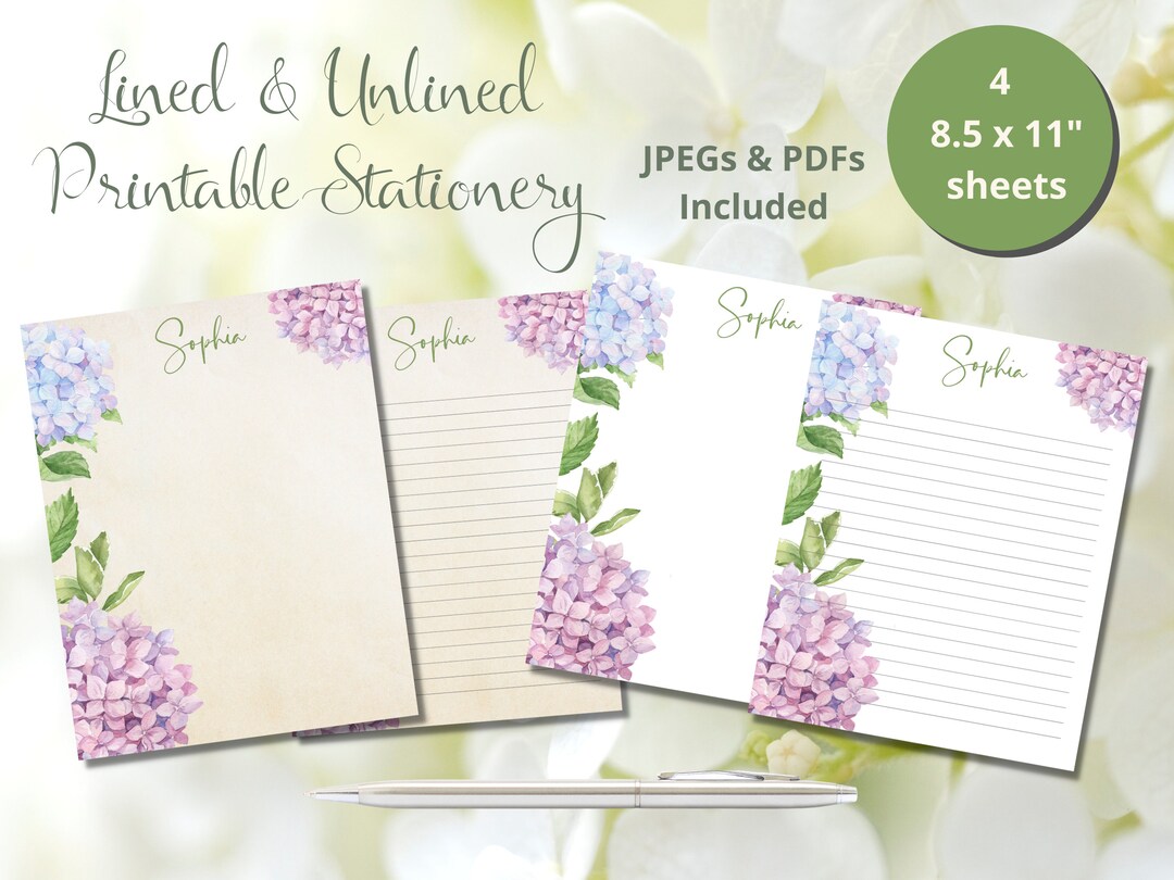 Personalized Printable Stationery, Printable Note Paper, Hydrangea ...