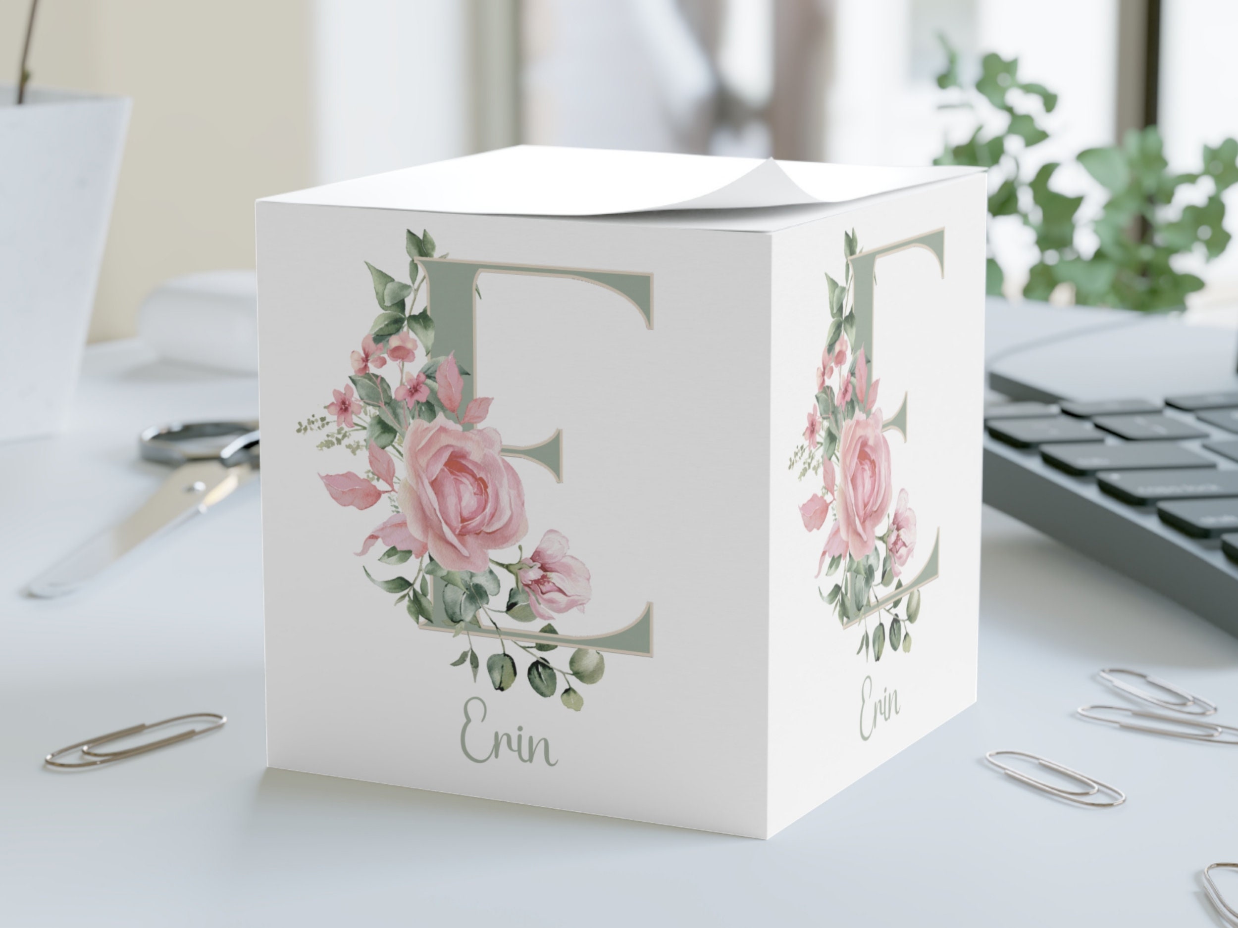 Pink Rose Monogram Note Cube, Personalized Note Cube, Custom Gift for ...