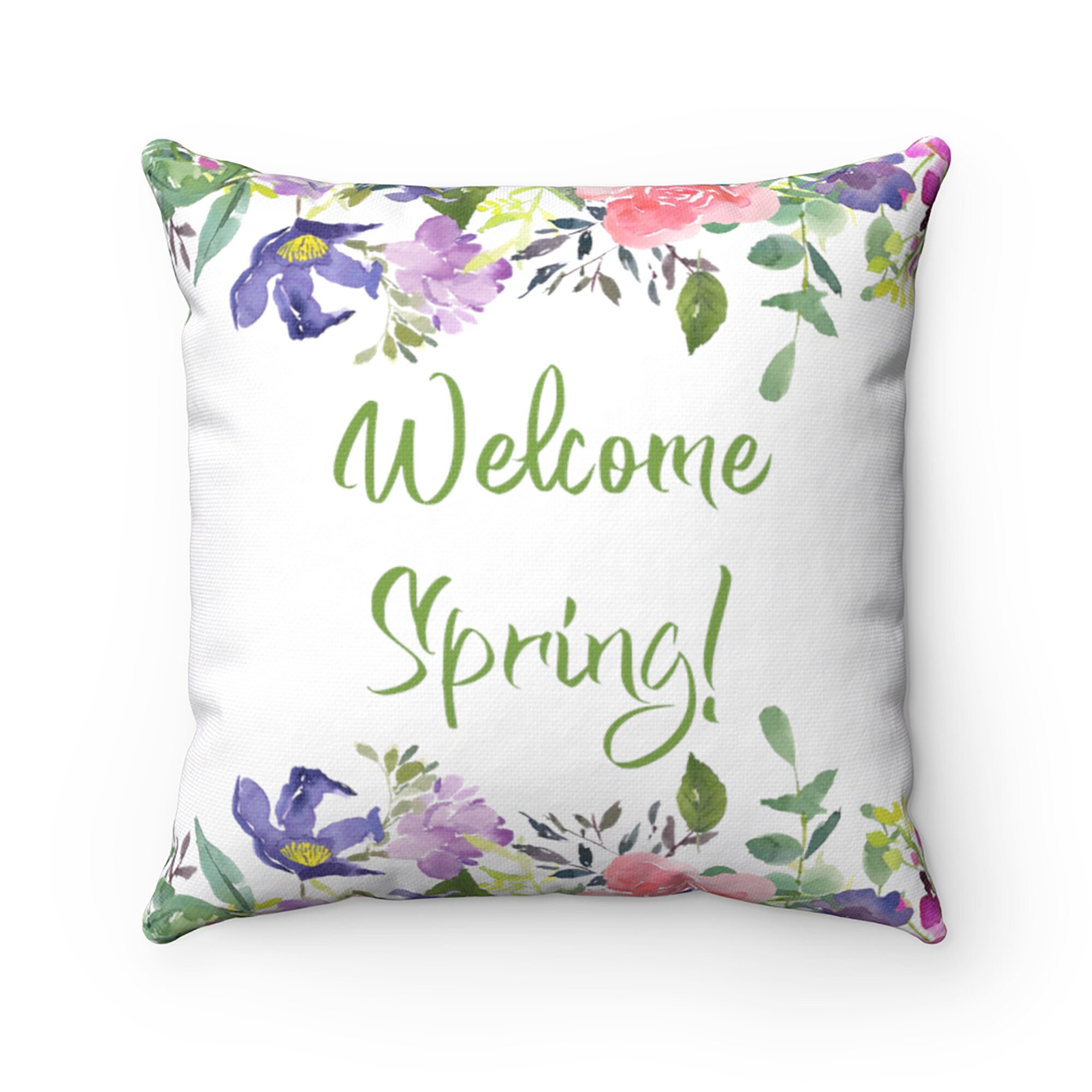 Spring Pillow, Welcome Spring Pillow & Insert, Floral Pillow, Square ...