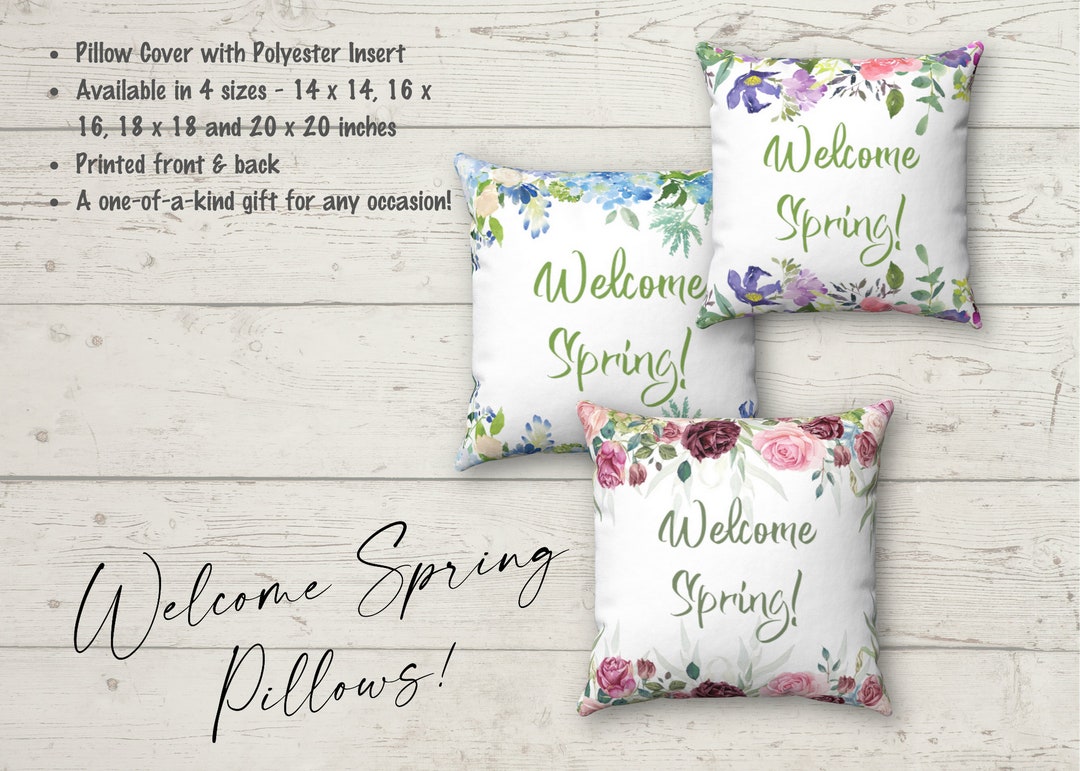 Spring Pillow, Welcome Spring Pillow & Insert, Floral Pillow, Square ...