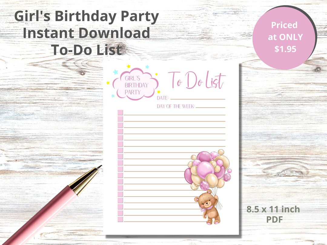 Girl's Birthday Party To-do List, Instant Download To-do List, Party To ...