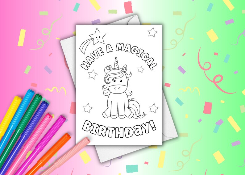 PRINTABLE Birthday Coloring Card Set, Kid's Birthday Cards, Unicorn ...