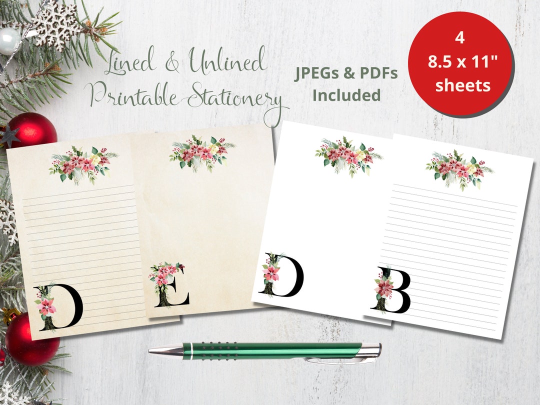 MONOGRAM Printable Stationery, Printable Note Paper, Poinsettia ...