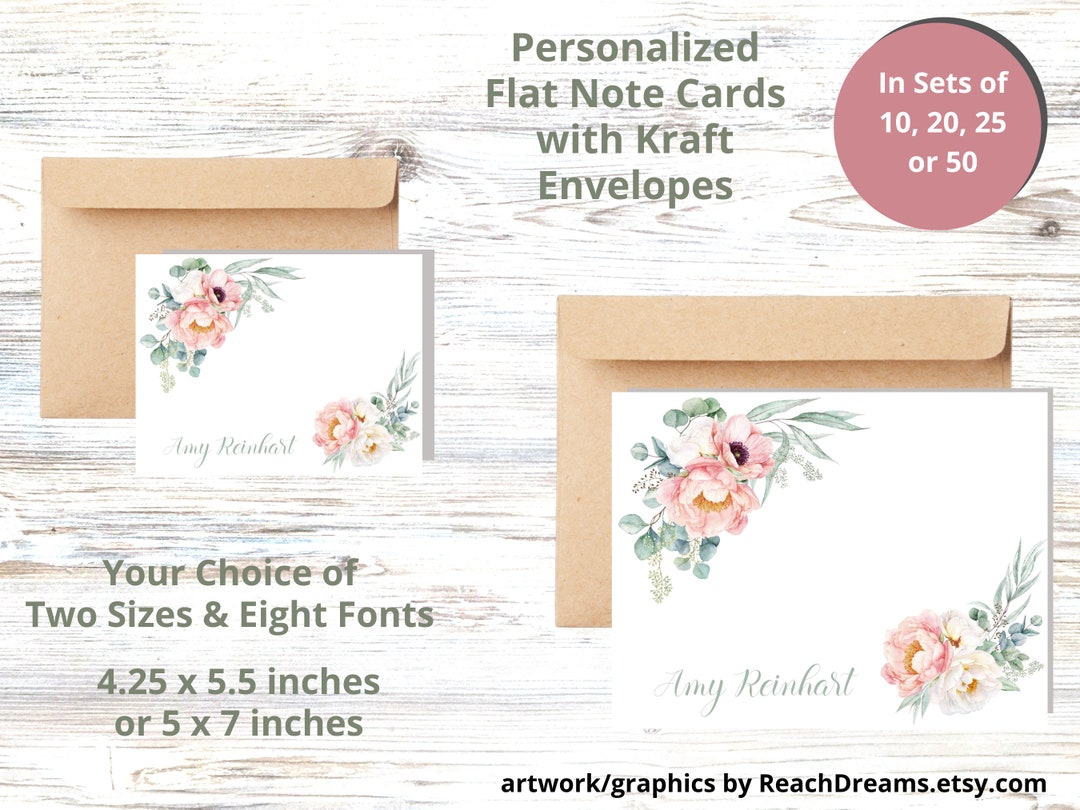 Peony and Eucalyptus Note Cards, Flat Note Cards, Kraft Envelopes ...