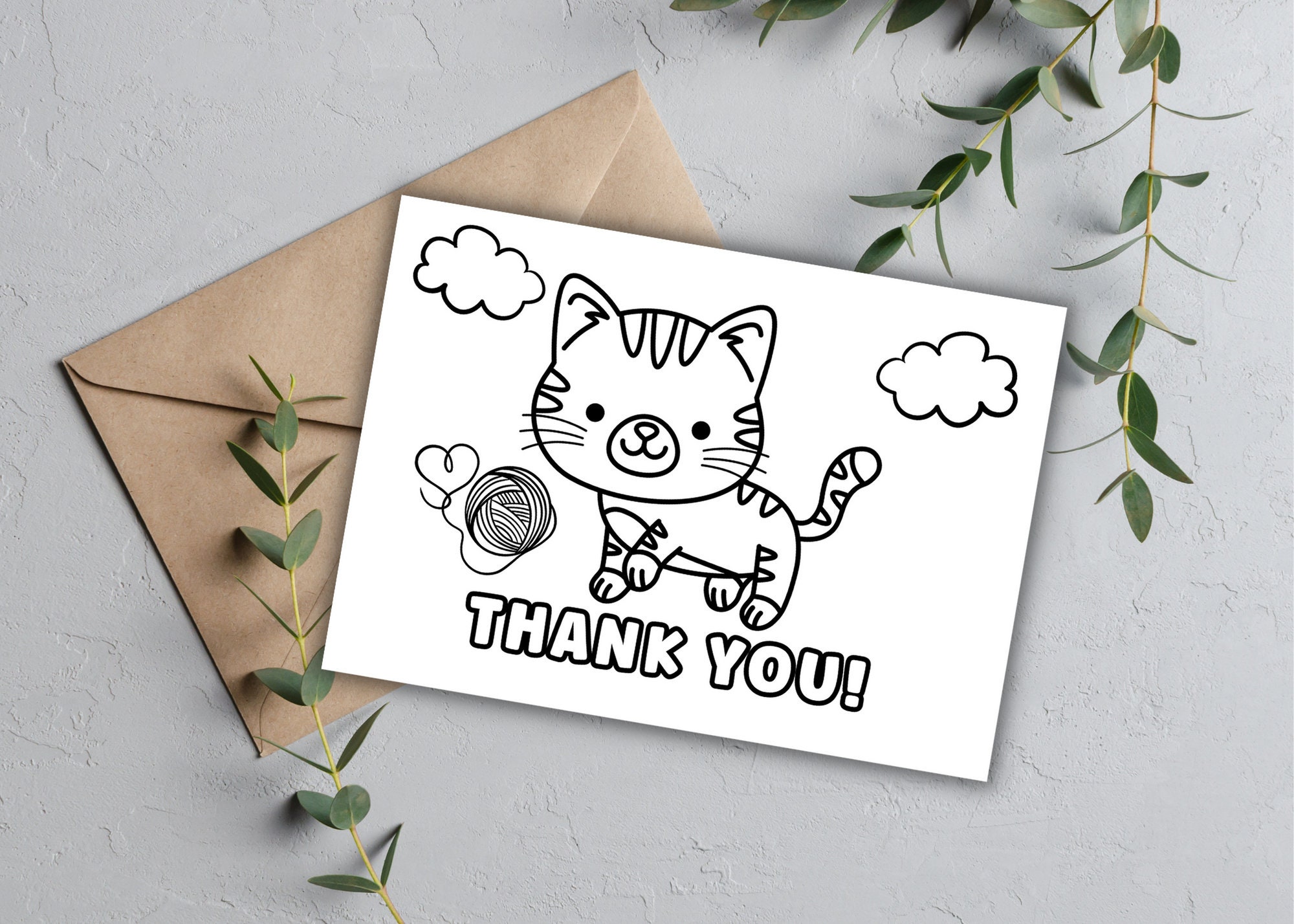 PRINTABLE Thank You Coloring Card, Kid's Thank You Note, Cat Greeting ...
