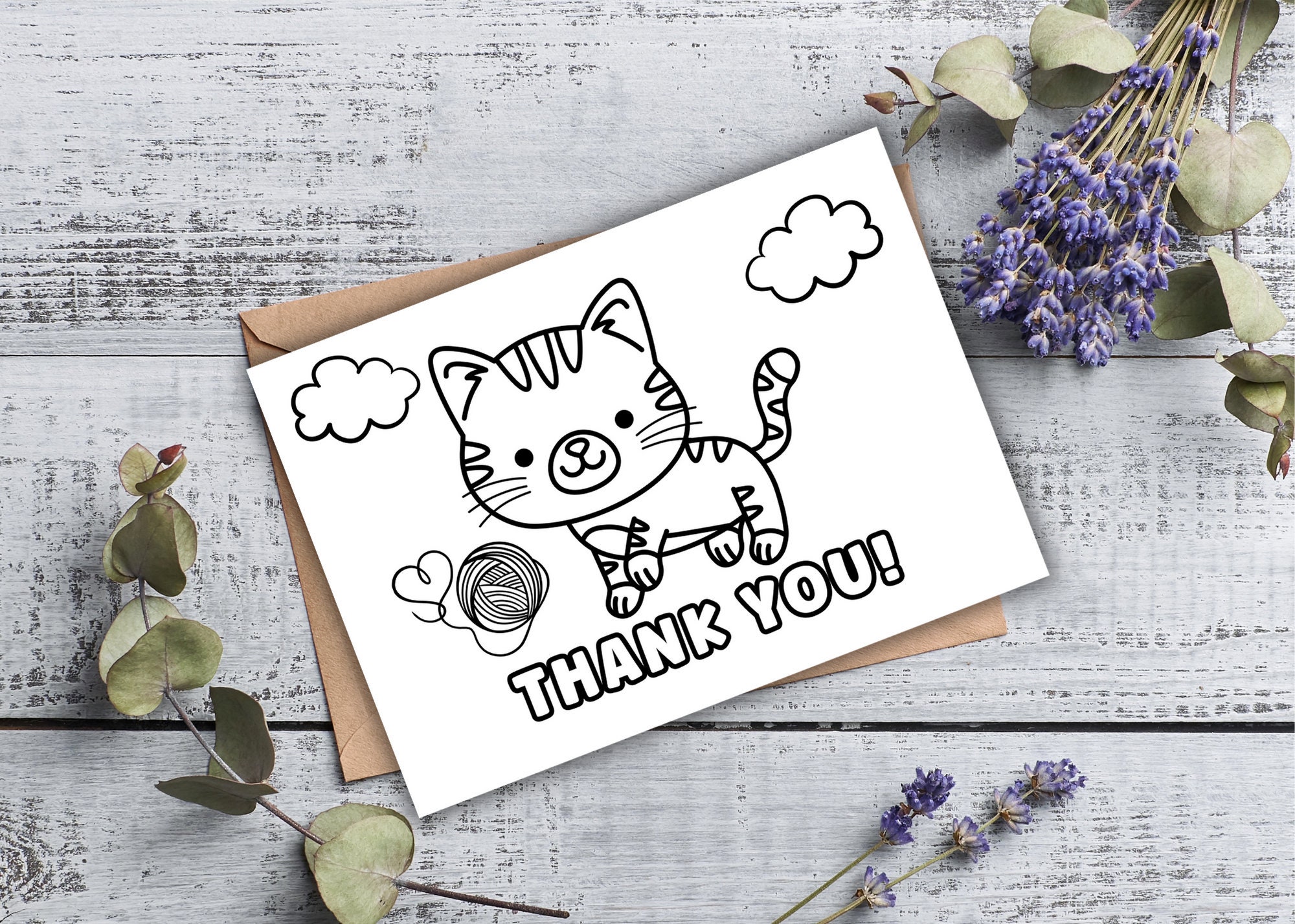 PRINTABLE Thank You Coloring Card, Kid's Thank You Note, Cat Greeting ...