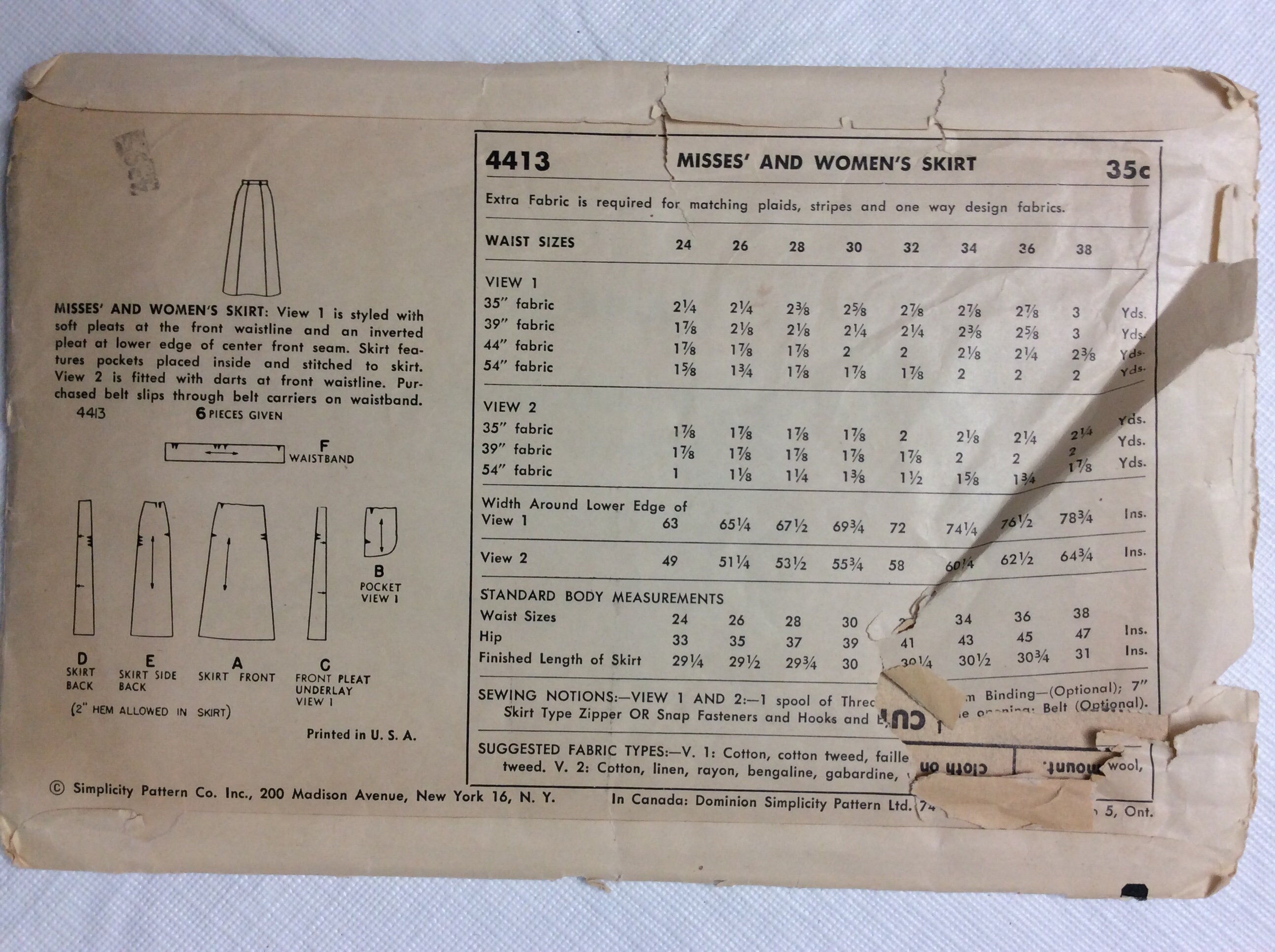 Vintage Ca. 1952 Simplicity 4413 Womens Skirt Sewing - Etsy