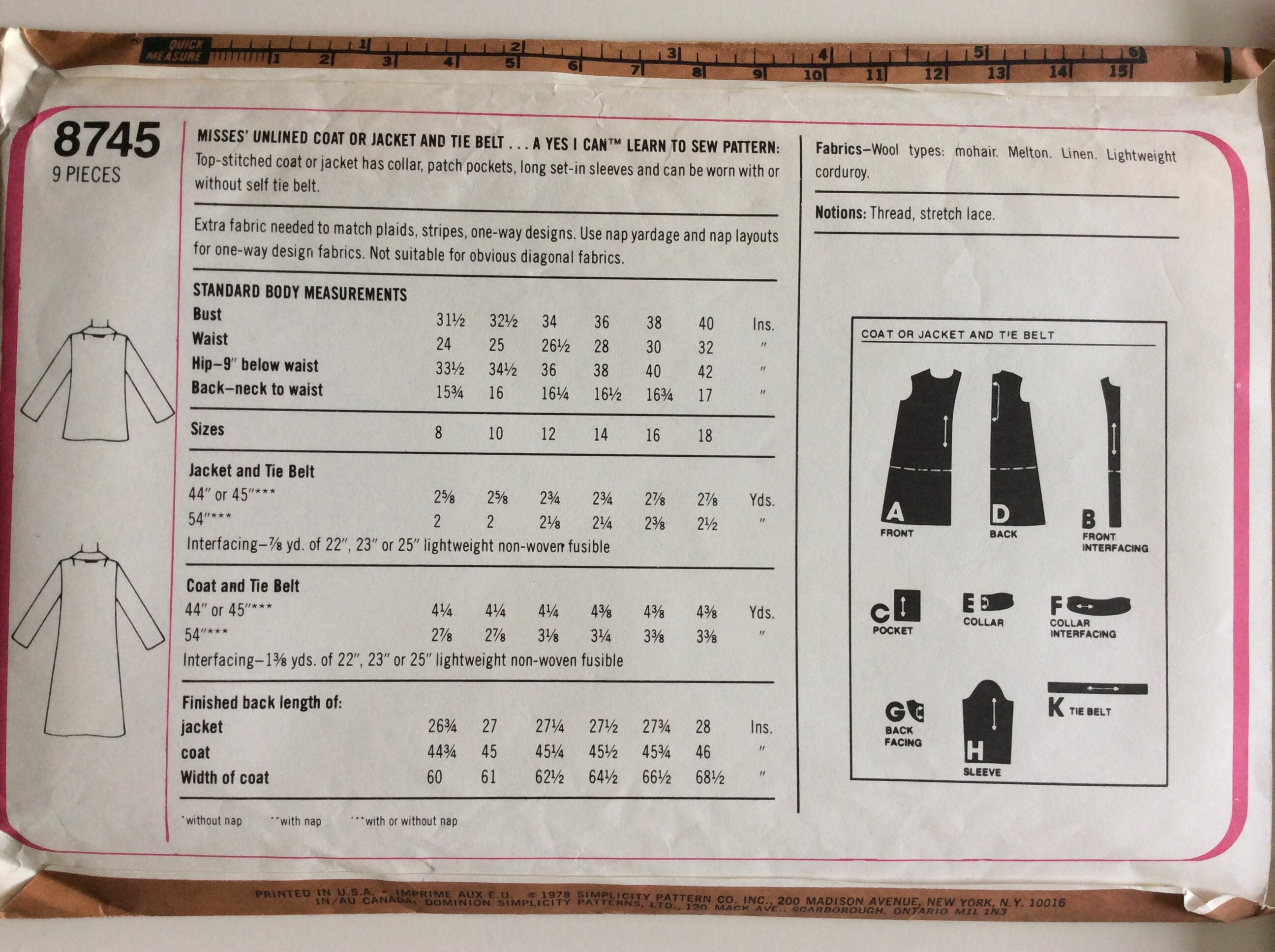 Vintage Ca. 1978 Simplicity 8745 Womens Unlined Coat or Jacket and Tie Belt Sewing Pattern-size ...