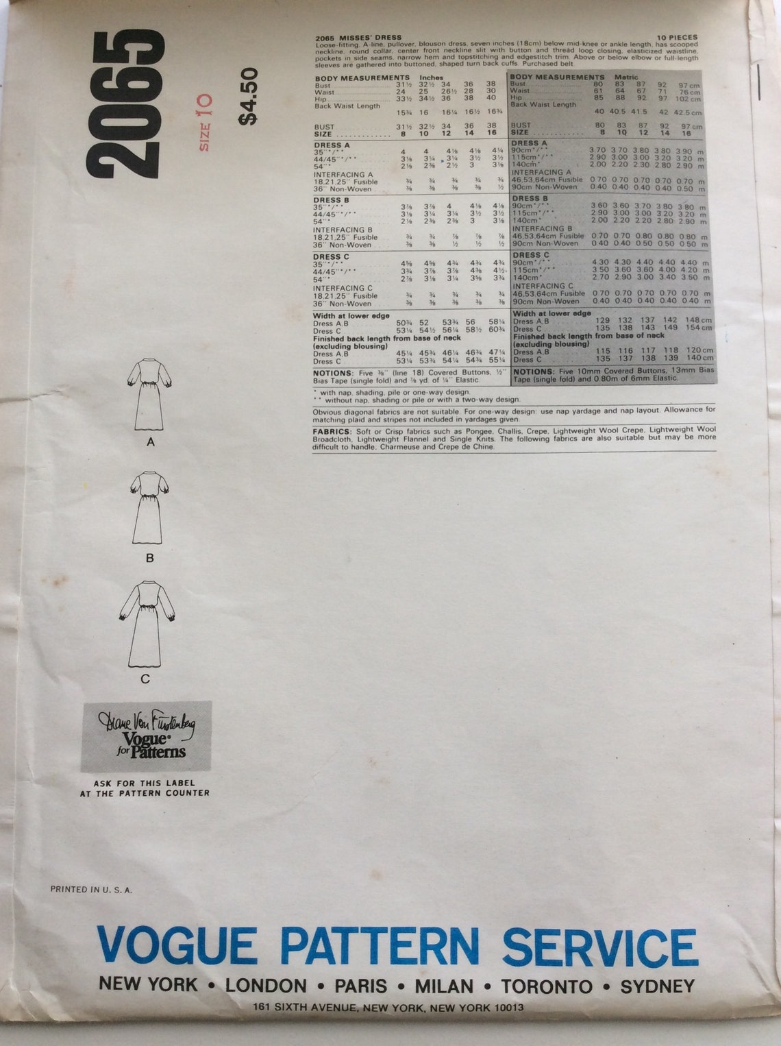 Vintage Ca. 1979 Vogue 2065 Diane Von Furstenberg Designer Dress Sewing ...